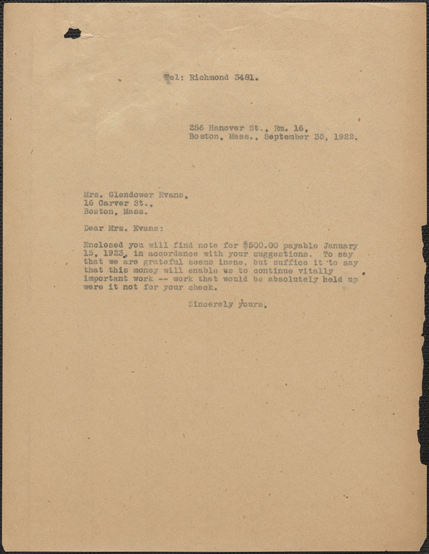 [Fred H. Moore] typed letter (copy) to [Elizabeth] Glendower Evans ...