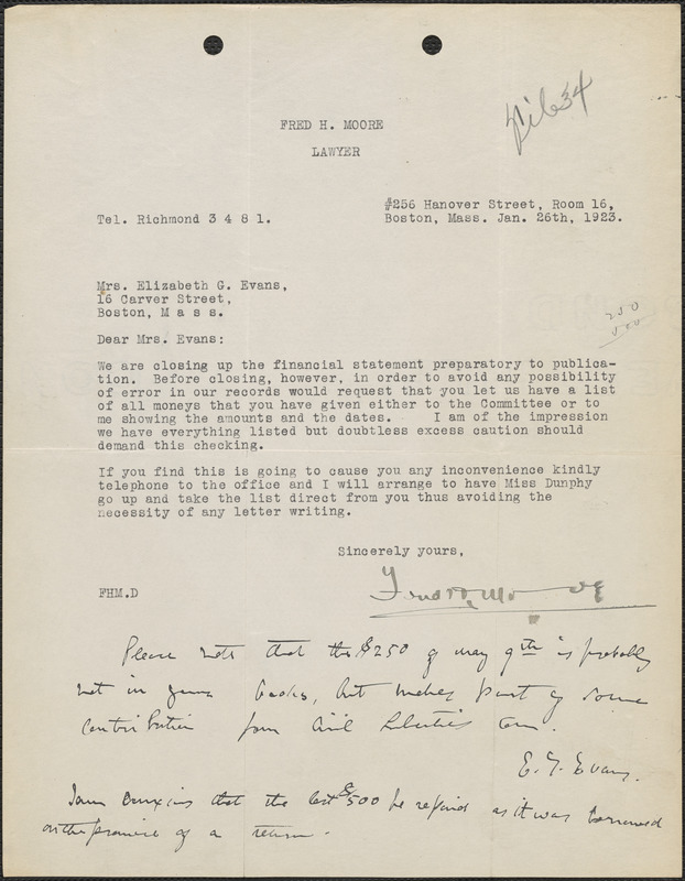 Fred H. Moore typed letter signed to Elizabeth G[lendower] Evans ...