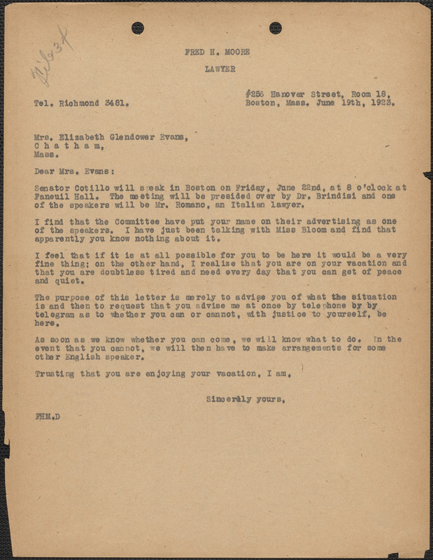[Fred H. Moore] typed note to Elizabeth Glendower Evans, Boston, Mass ...