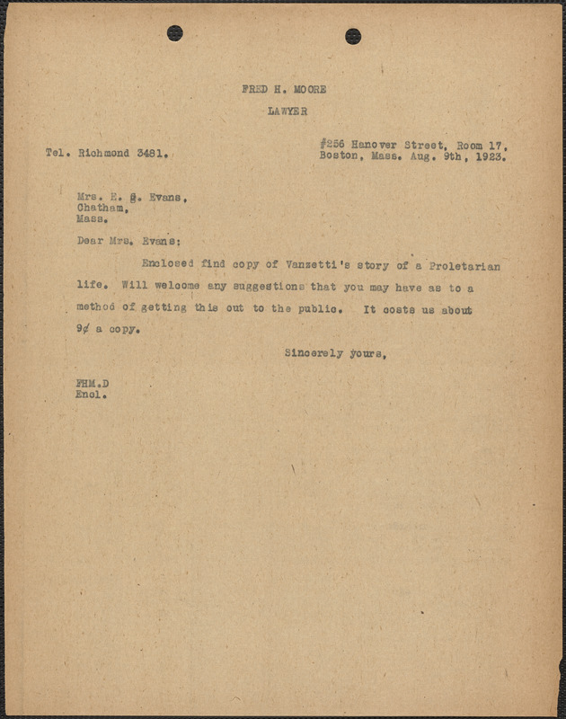 Fred H. Moore typed note (copy) to Elizabeth Glendower Evans, Boston ...