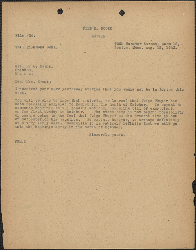 Fred H. Moore typed note (copy) E[lizabeth] G[lendower] Evans, Boston ...