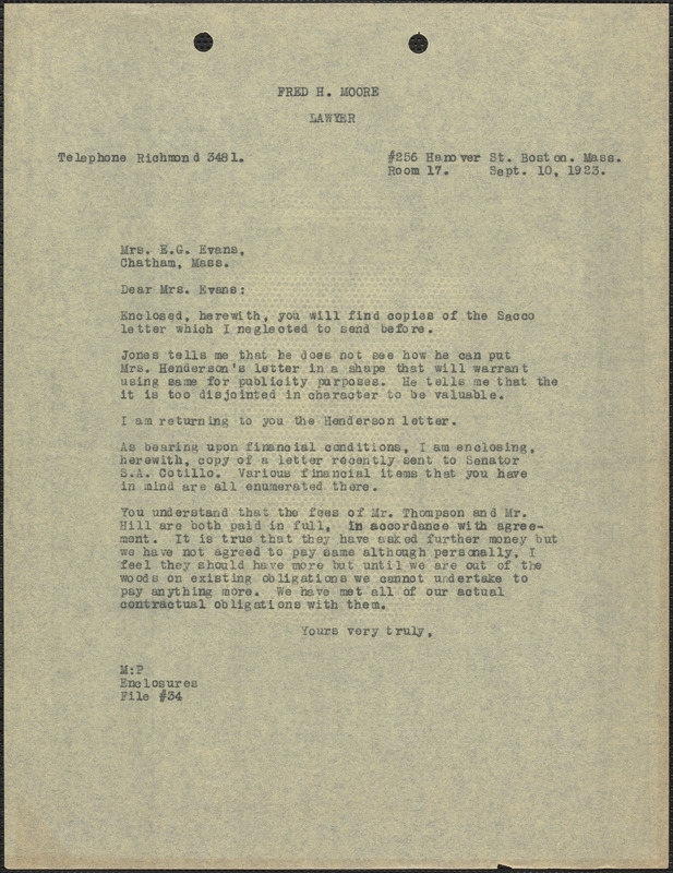 Fred H. Moore typed letter to E[lizabeth] G[lendower] Evans, Boston ...