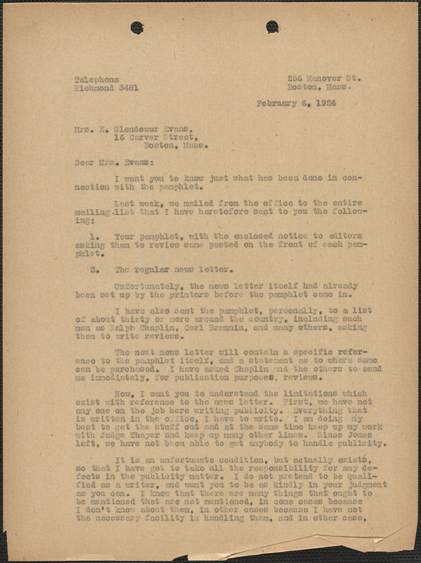 [Fred H. Moore] typed letter (copy) to E[lizabeth Glendower Evans ...