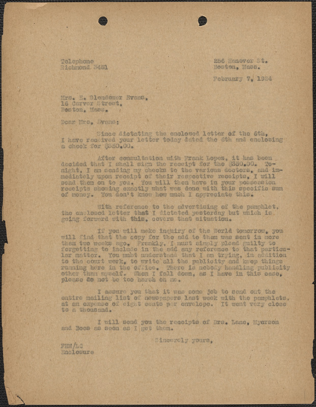 [Fred H. Moore] typed letter (copy) to E[lizabeth] G[lendower] Evans ...