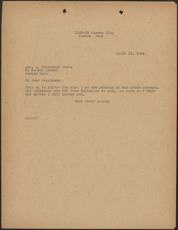 [Fred H. Moore] typed note (copy) to E[lizabeth] Glendower Evans ...