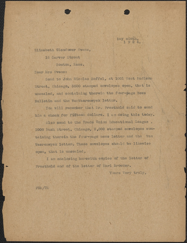 [Fred H. Moore] typed letter (copy) to Elizabeth Glendower Evans ...