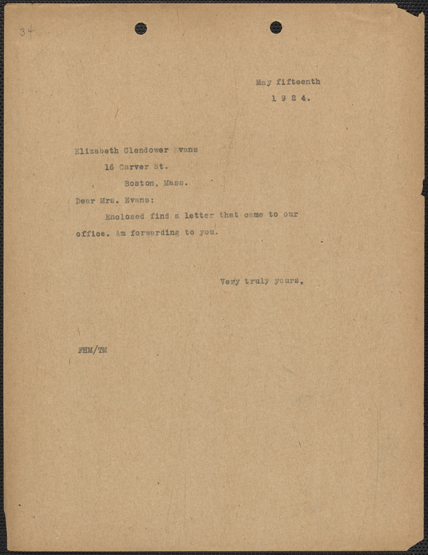 [Fred H. Moore] typed note (copy) to Elizabeth Glendower Evans, [Boston ...