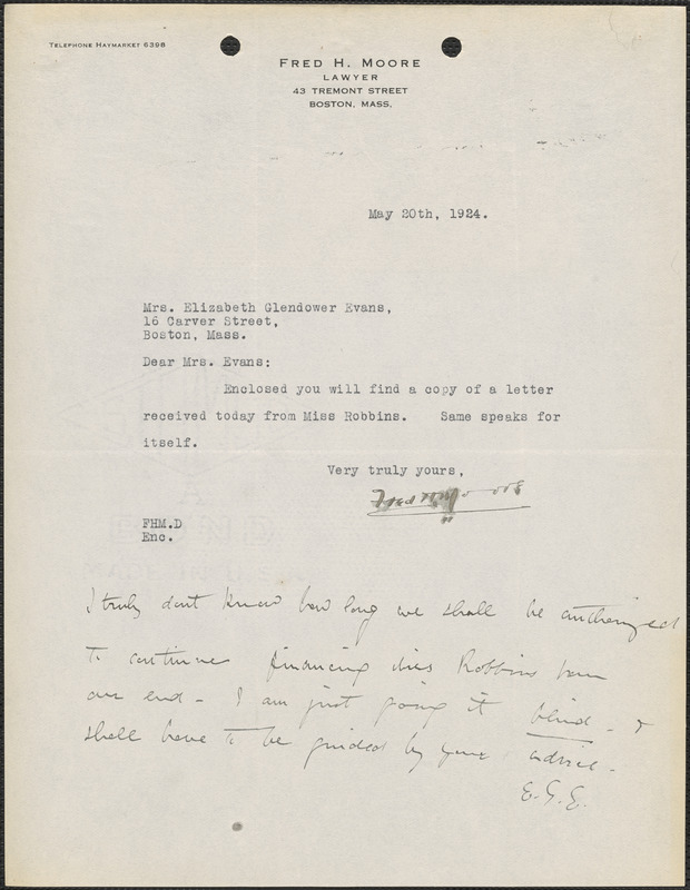 Fred H. Moore typed note signed to Elizabeth Glendower Evans, Boston ...