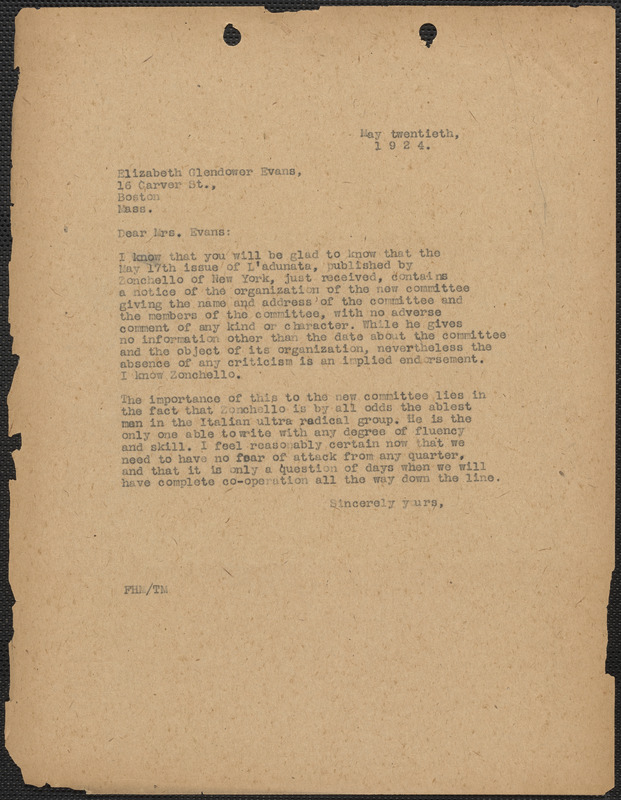 [Fred H. Moore] typed letter (copy) to Elizabeth Glendower Evans ...