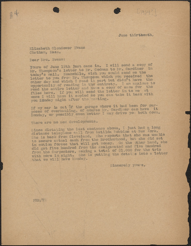 [Fred H. Moore] typed note (copy) to Elizabeth Glendower Evans, [Boston ...