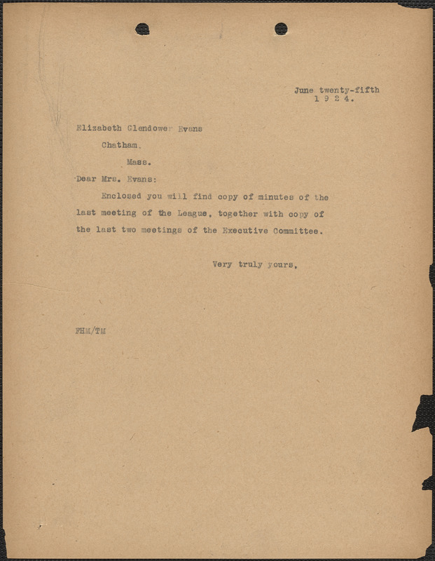[Fred H. Moore] typed note (copy) to Elizabeth Glendower Evans, [Boston ...