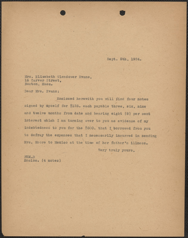 [Fred H. Moore] typed note (copy) to Elizabeth Glendower Evans, [Boston ...