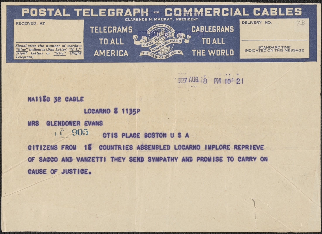 Telegram to [Elizabeth] Glendower Evans, Locardo, August 8, 1927 ...