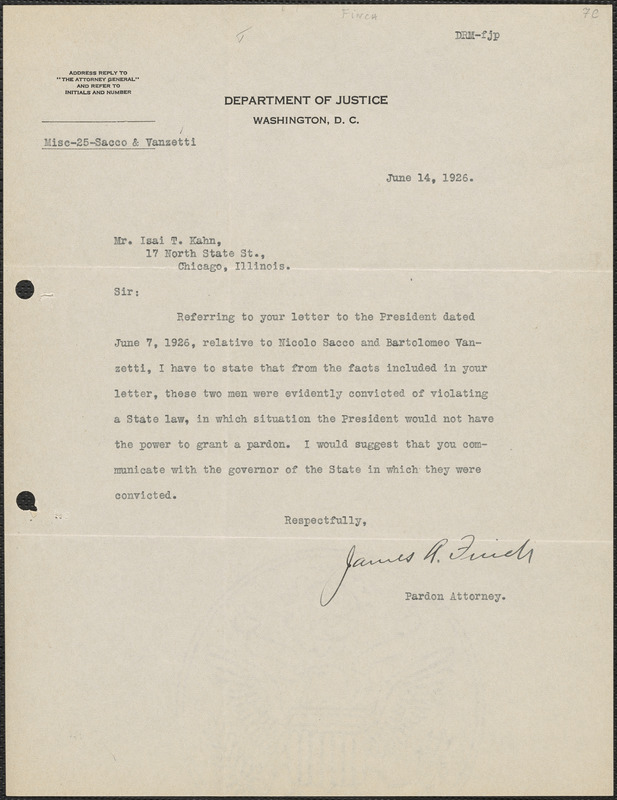 James R. Finch (Department of Justice) typed letter signed to Isai T ...