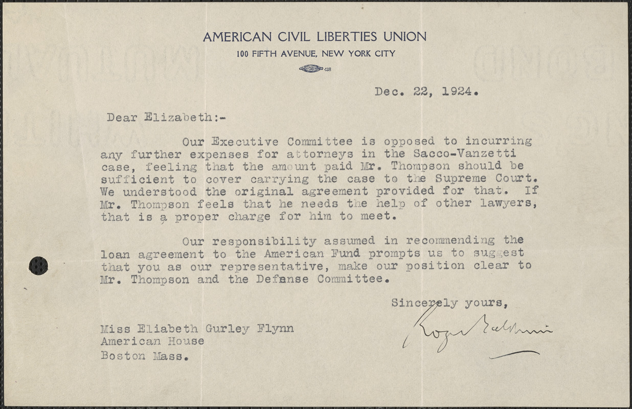 Roger N. Baldwin (American Civil Liberties Union) typed letter signed to Elizabeth Gurley Flynn ...