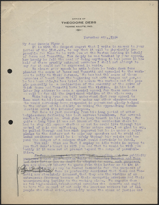 Theodore Debs typed letter (incomplete) to [Elizabeth Gurley] Flynn ...