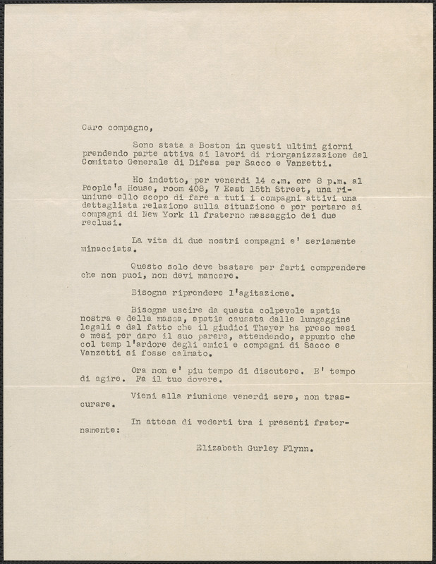 Elizabeth Gurley Flynn typed letter (circular), in Italian, [Boston ...