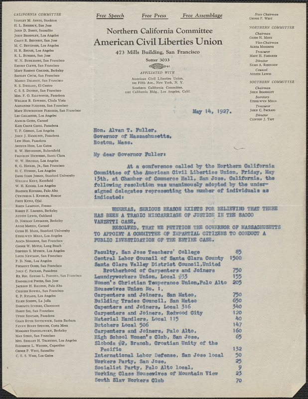 Northern California Committee, American Civil Liberties Union typed ...