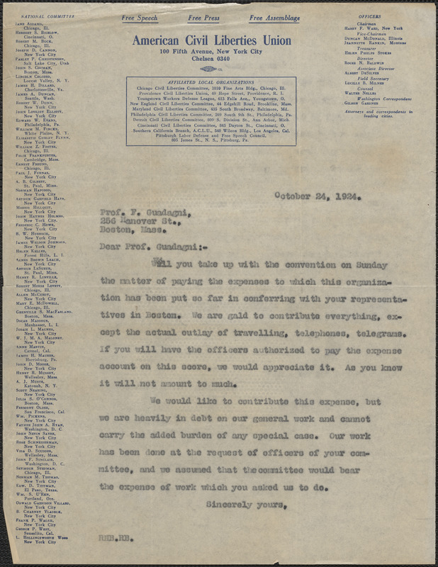 Roger N. Baldwin (American Civil Liberties Union) typed letter (copy) to F[elice] Guadagni ...
