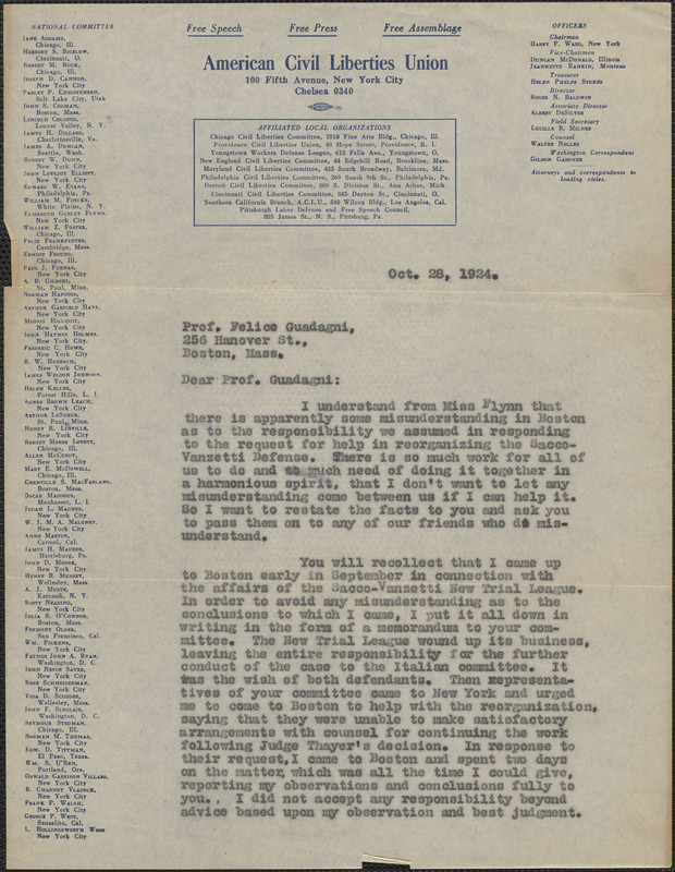 Roger N. Baldwin (American Civil Liberties Union) typed letter (copy) to Felice Guadagni ...