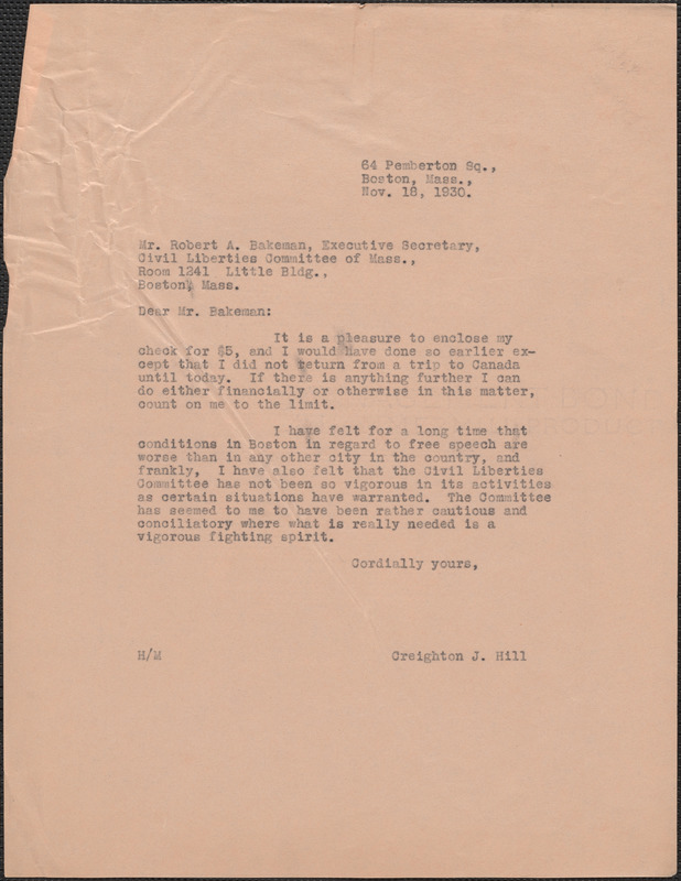 Creighton J. Hill typed letter (copy) to Robert A. Bakeman (Civil ...