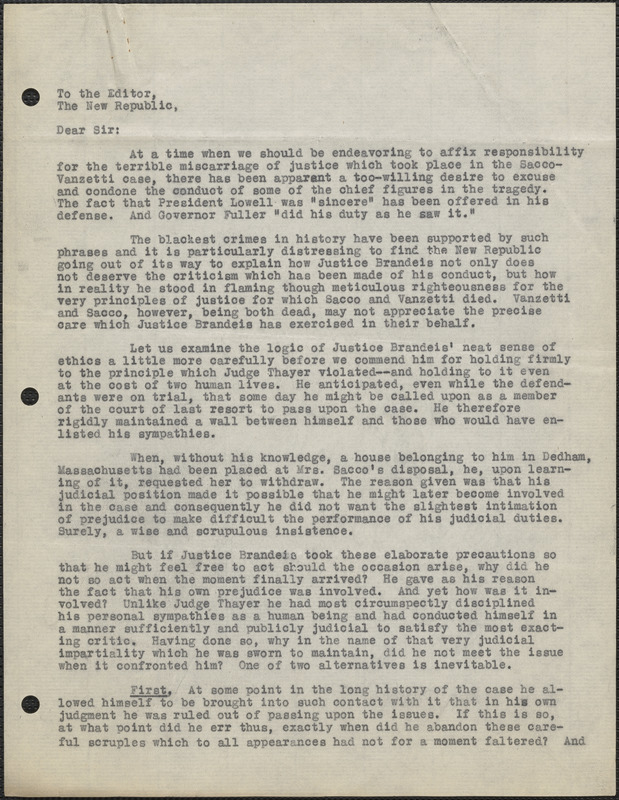 [Creighton J. Hill] typed letter (copy) to the Editors, The New ...