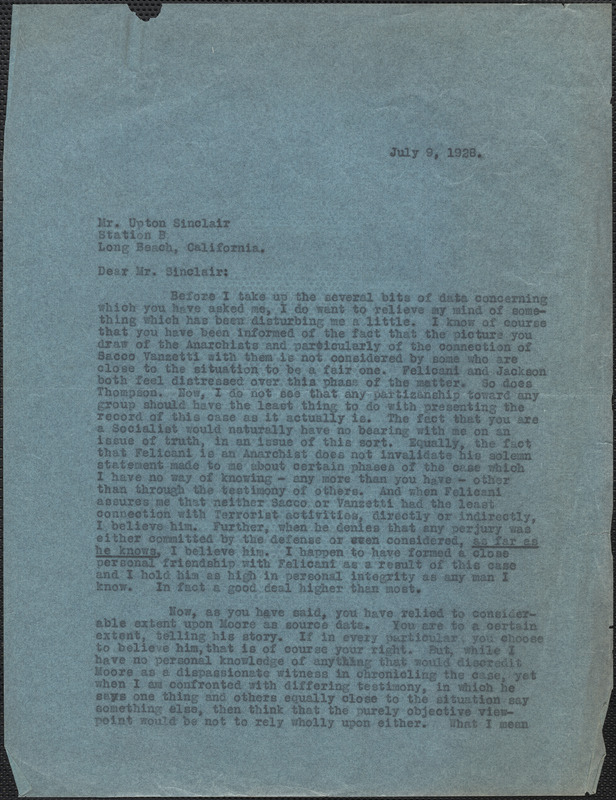 Creighton J. Hill typed letter (copy) to Upton Sinclair, [Boston, Mass ...