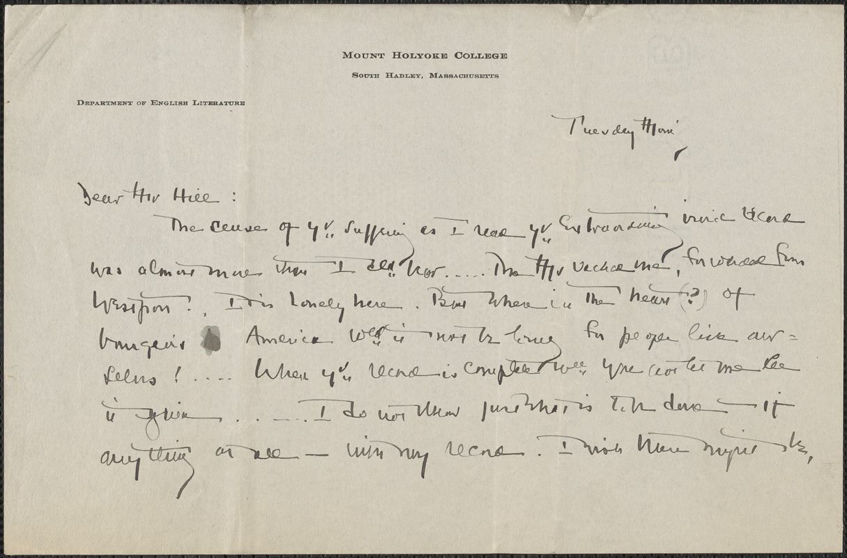 Jeannette Marks autograph letter signed to [Creighton J.] Hill, South ...