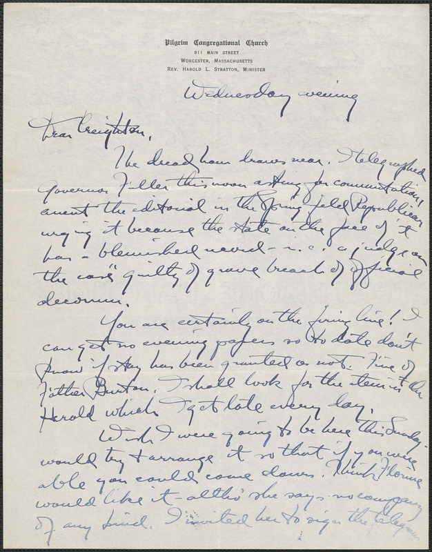 Harold L. Stratton (Pilgrim Congregational Church) autograph letter ...