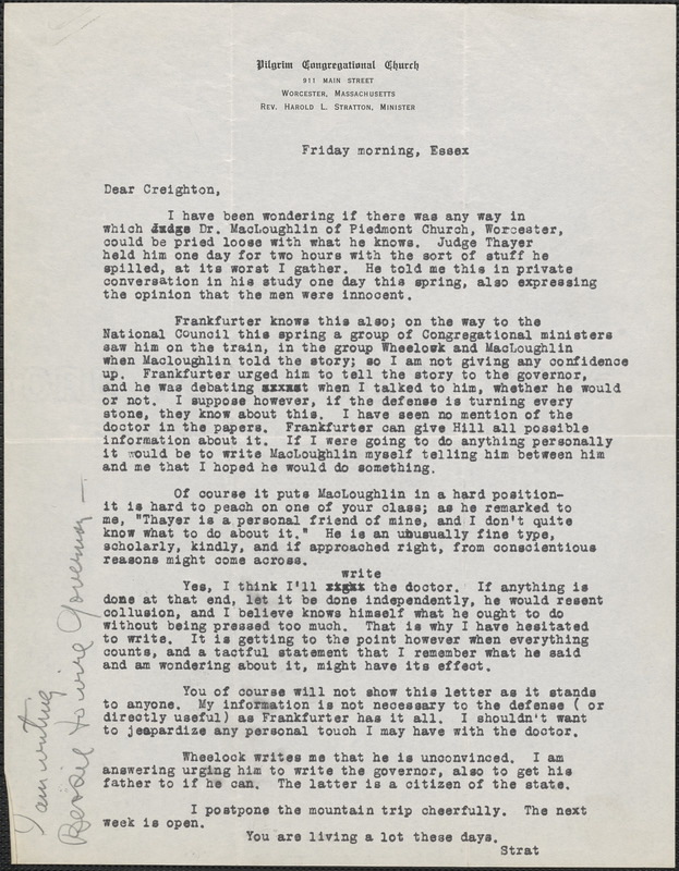 Harold L. Stratton (Pilgrim Congregational Church) typed letter to ...