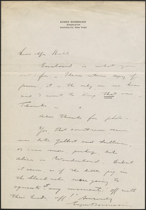 Eugen Boissevain autograph letter signed to [Creighton J.] Hill ...