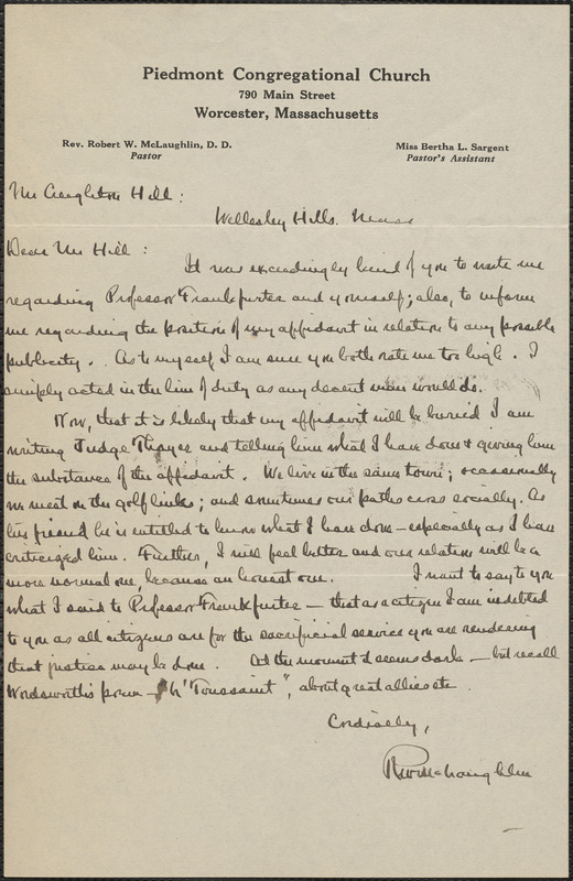 Robert W. McLaughlin (Piedmont Congregational Church) autograph letter ...