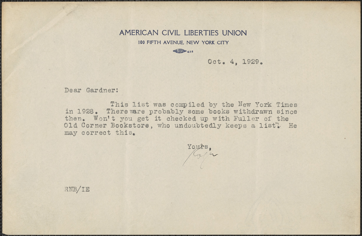 Roger [N. Baldwin] (American Civil Liberties Union) typed note to Gardner [Jackson], New York, N ...