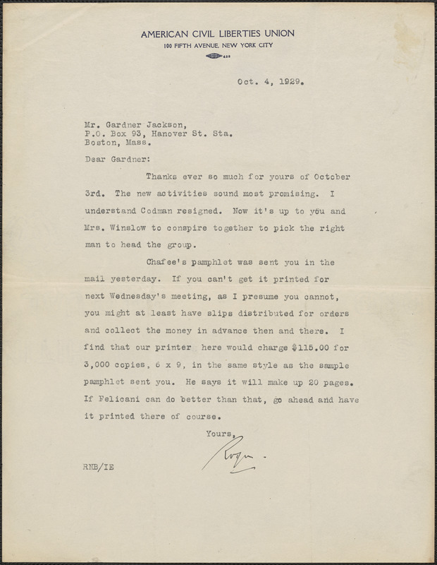 Roger [N. Baldwin] (American Civil Liberties Union) typed letter to ...