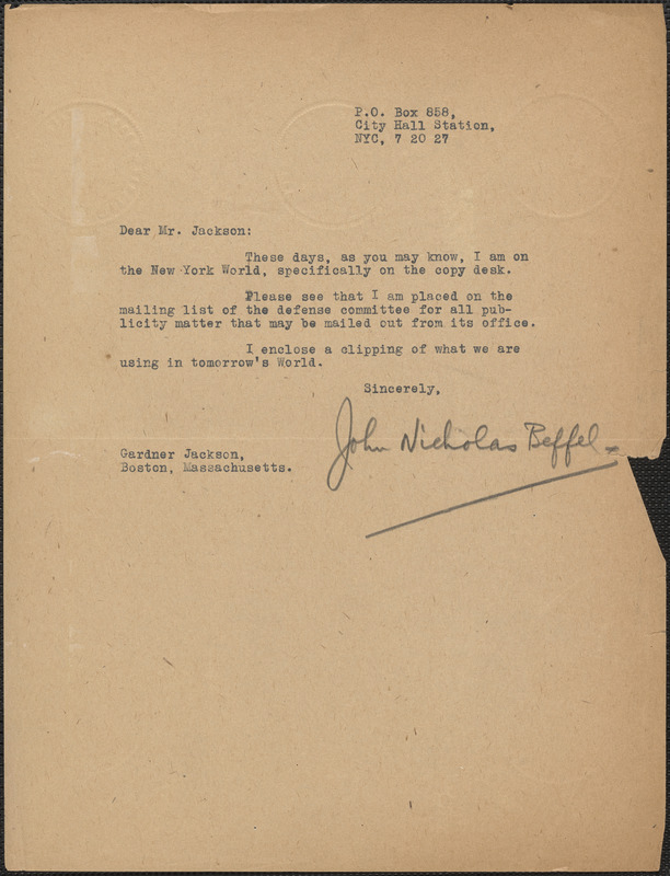 John Nicholas Beffel typed letter signed to [Gardner] Jackson, New York ...