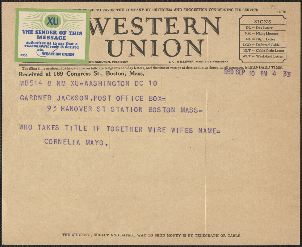 Cornelia Mayo telegram to Gardner Jackson, Washington, D. C., September ...