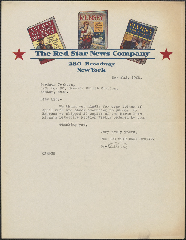 The Red Star News Company typed letter signed (initials) to Gardner ...