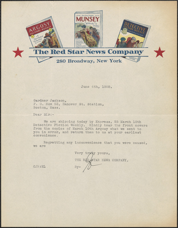 The Red Star News Company typed letter signed (initials) to Gardner ...
