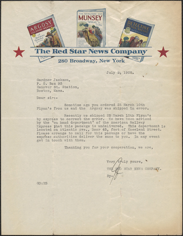 The Red Star News Company typed letter signed (initials) to Gardner ...