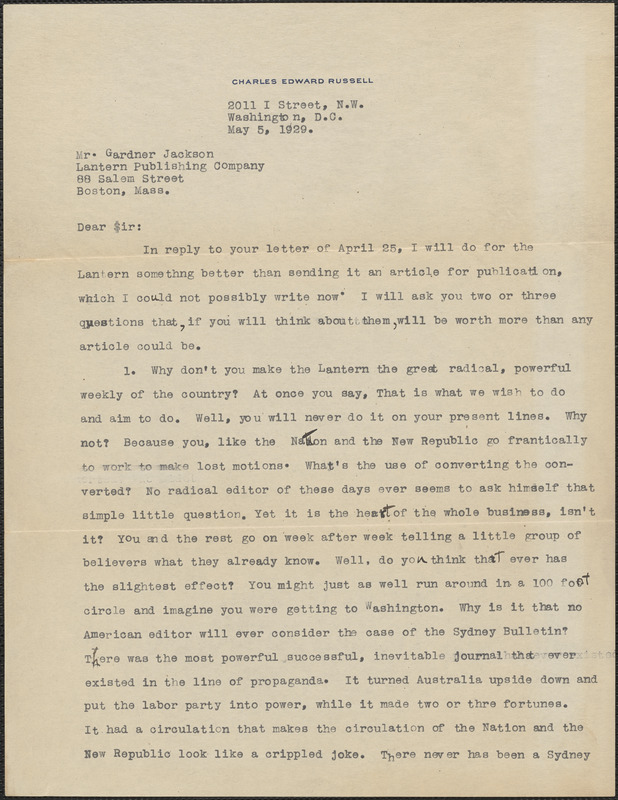 Charles Edward Russell typed letter signed to Gardner Jackson ...
