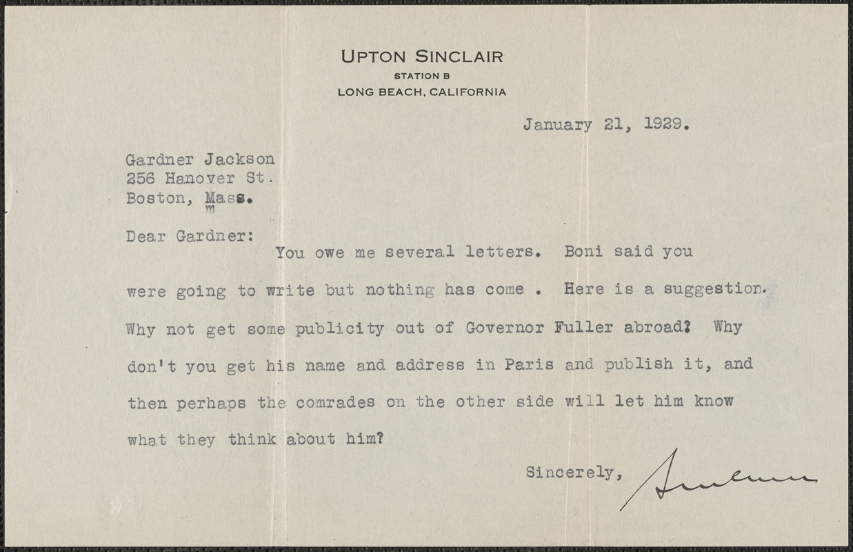 Upton Sinclair typed note signed to Gardner Jackson, Long Beach, Calif ...