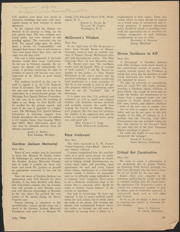Joseph L. Rauh Jr. printed letter to Editor, The Progressive, July 1966 ...