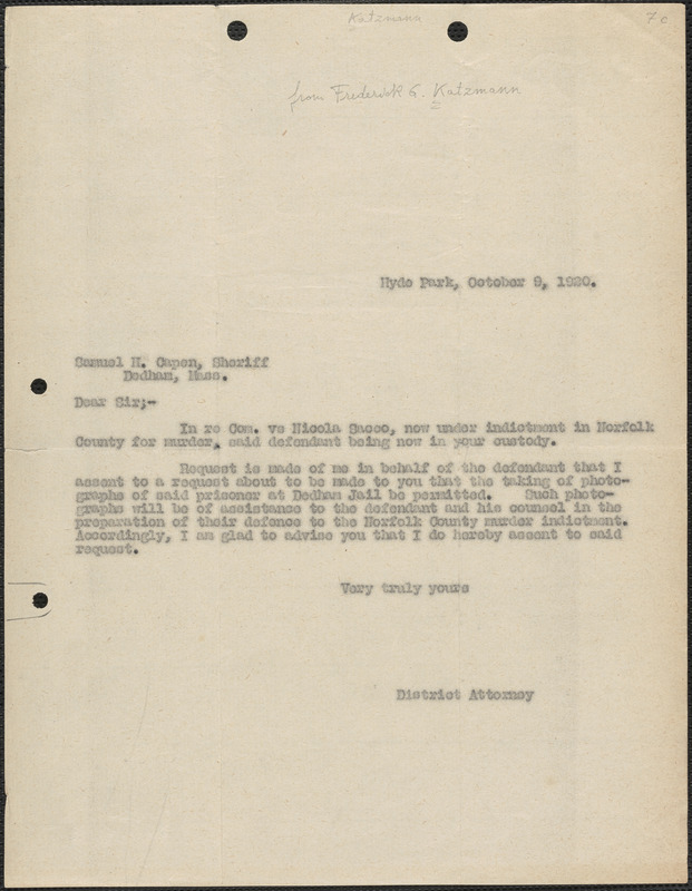 Frederick G. Katzmann typed letter (copy) to Samuel H. Capen, Hyde Park ...