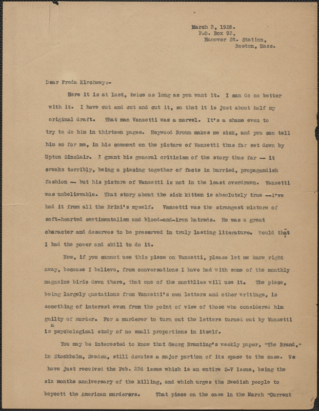 [Gardner Jackson] typed letter (copy) to Freda Kirchwey (The Nation ...