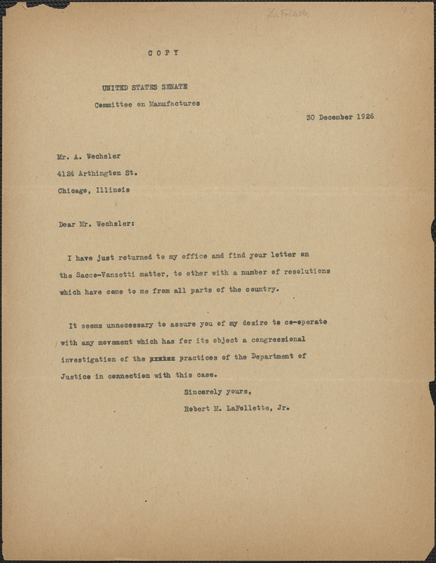 Robert M. LaFollette (United States Senate) typed letter (copy) to A ...