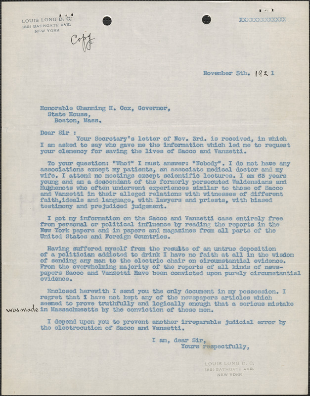 Louis Long typed letter (copy) to Channing H. Cox, New York, N. Y ...