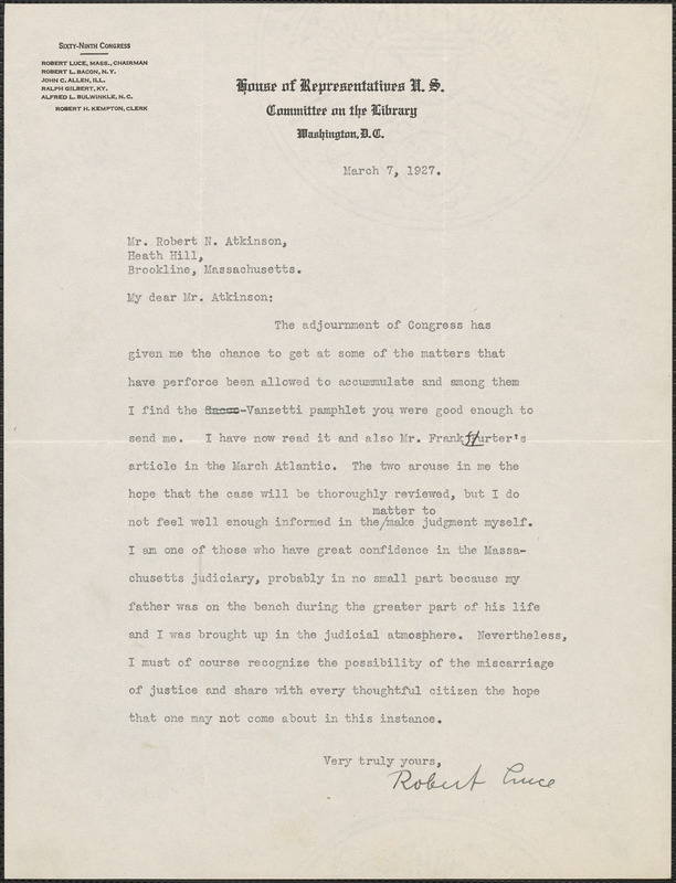Robert Luce (House of Representatives) typed letter to Robert N ...
