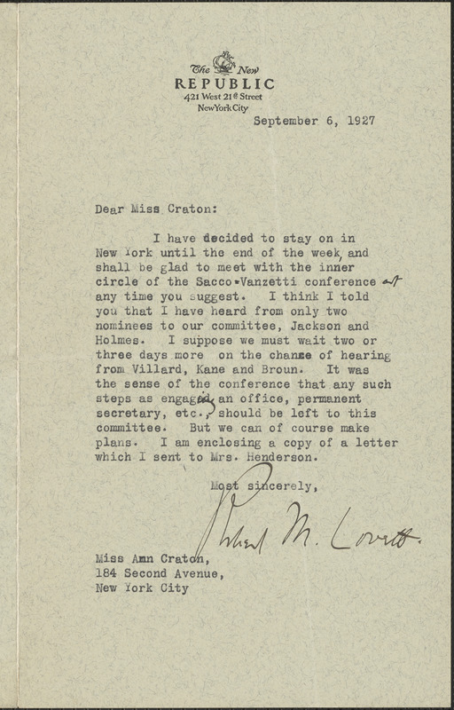 Robert Morss Lovett (The New Republic) typed letter signed to Ann ...