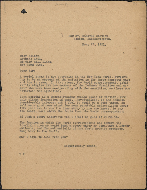 [Eugene Lyons] typed letter (copy) to City Editor, The Evening Mail ...