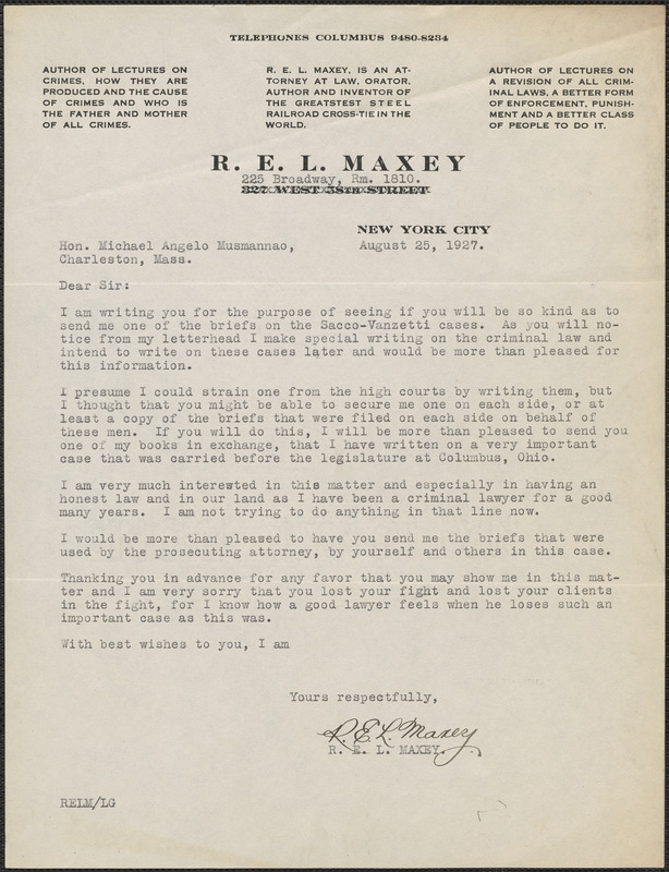 R. E. L. Maxey typed letter to Michael A. Musmanno, New York, N. Y ...